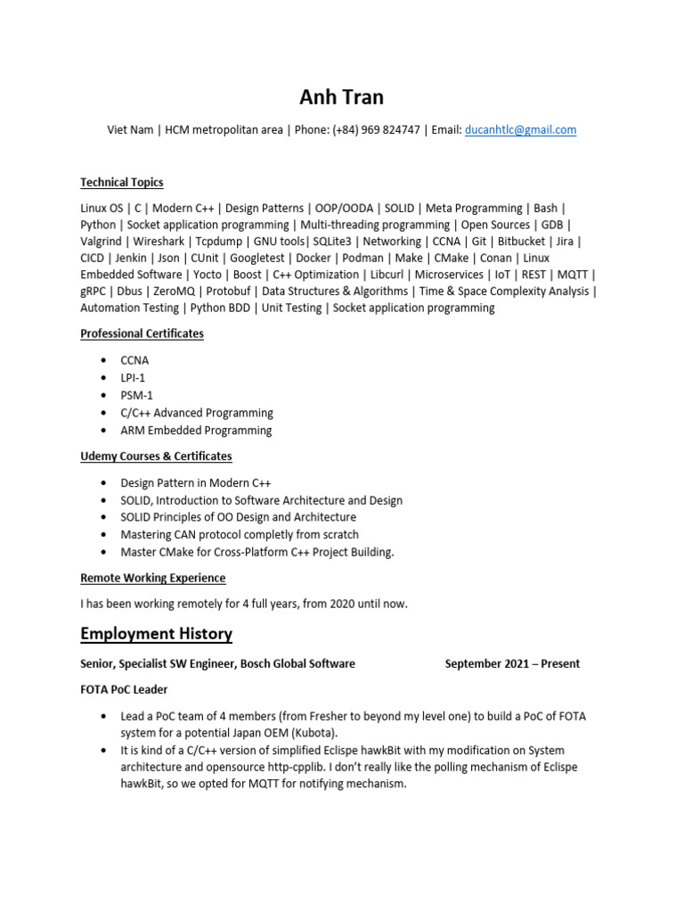 Anh Tran - CPP Linux Software Engineer - 2024 | PDF | Linux | Cloud Computing