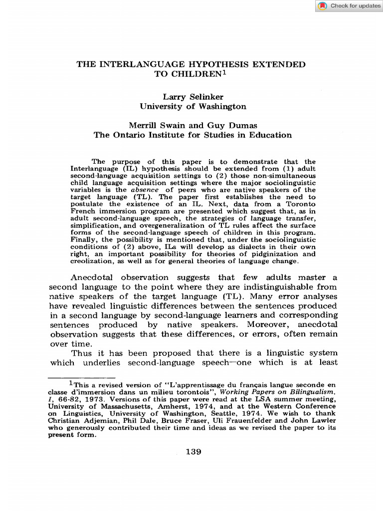 1975 Selinker THE INTERLANGUAGE HYPOTHESIS EXTENDED TO CHILDREN | PDF ...