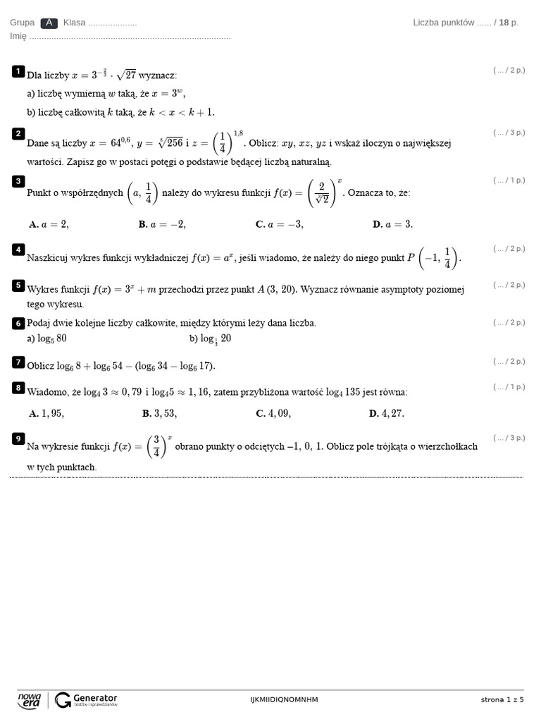 Funkcja Wykładnicza I Funkcja Logarytmiczna - Klasówka (Poziom ...