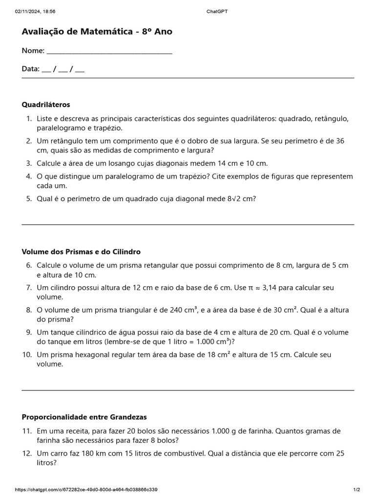 Prova 8 Ano | PDF | Geometria Euclidiana | Geometria Elementar