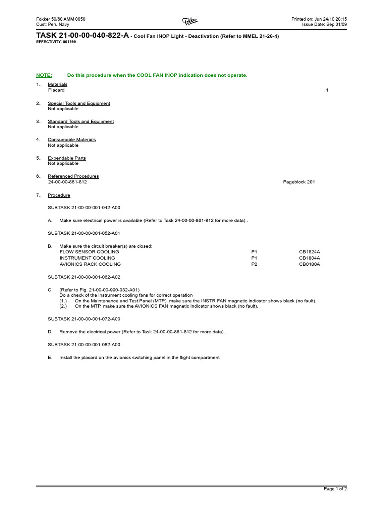 TASK 21-00-00-040-822-A Cool Fan INOP Light - Deactivation | PDF ...