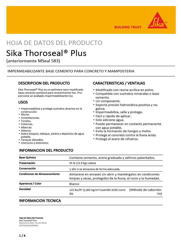 Sika Thoroseal Plus | PDF | Cemento | Agua
