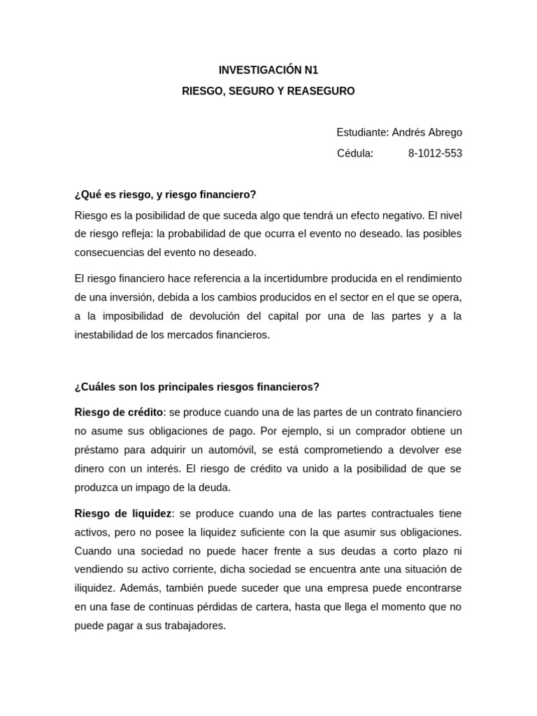 Investigación N1 Riesgo, Seguro y Reaseguro | PDF | Riesgo | Interés