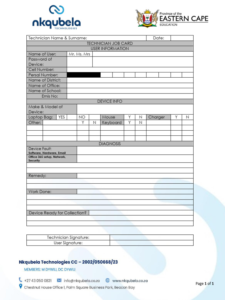 Technician Job Card | PDF