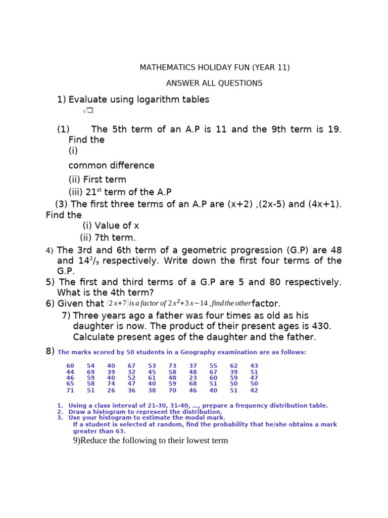 Year 11 Math Problem Set | PDF | Teaching Methods & Materials