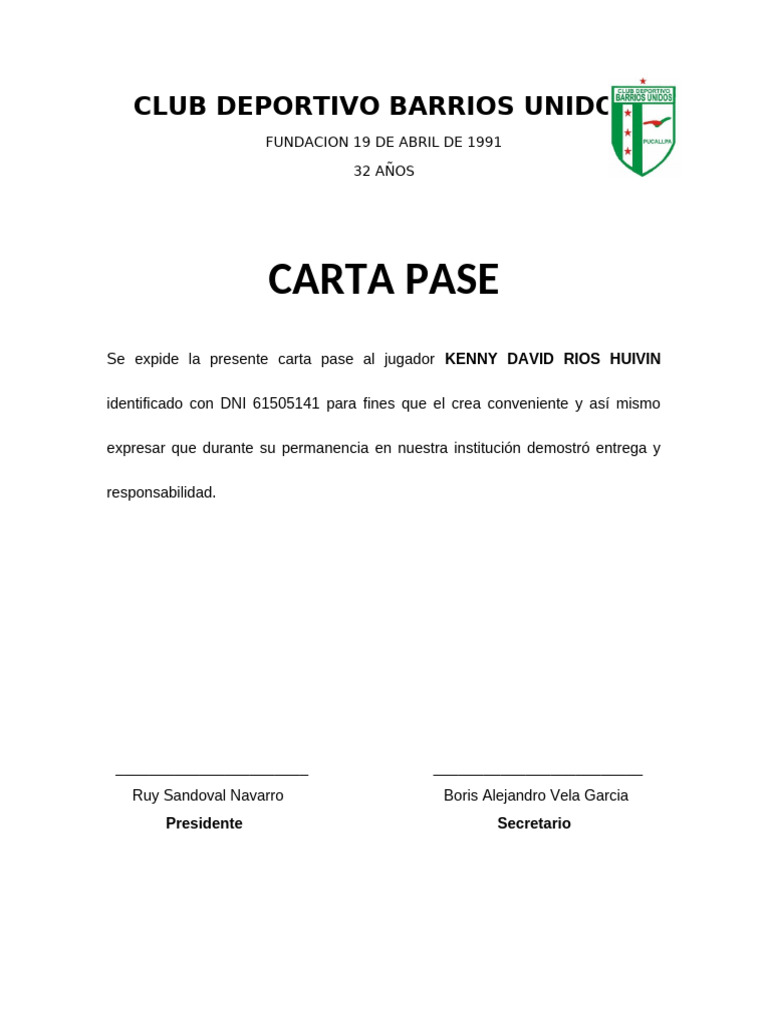 Carta Pase C.S. Barrio Unidos | PDF
