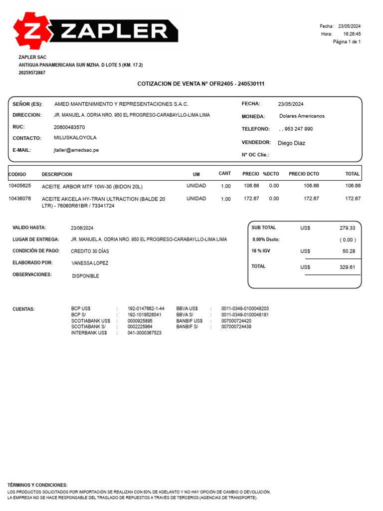 Amed Mantenimiento y Representaciones S.A.C - 240530111 | PDF