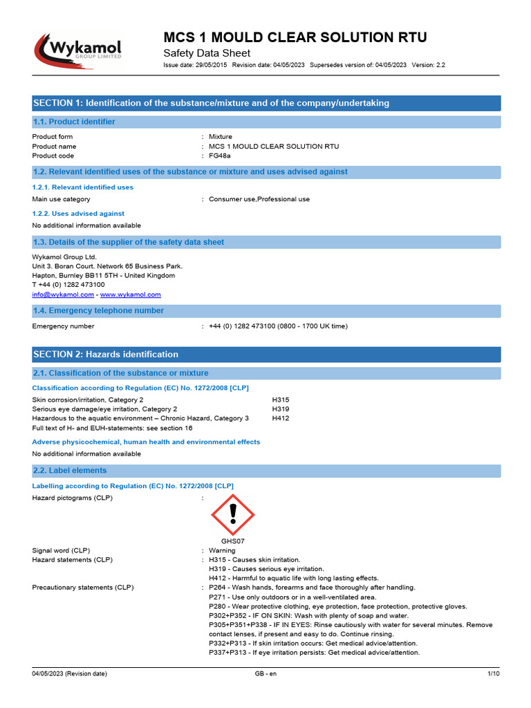 MCS 1 Mould Clear Solution Safety Data | PDF | Occupational Safety And ...