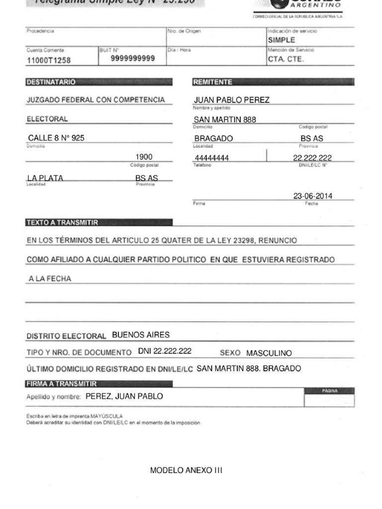 Anexo Iii Modelo de Como Completar El Telegrama | PDF