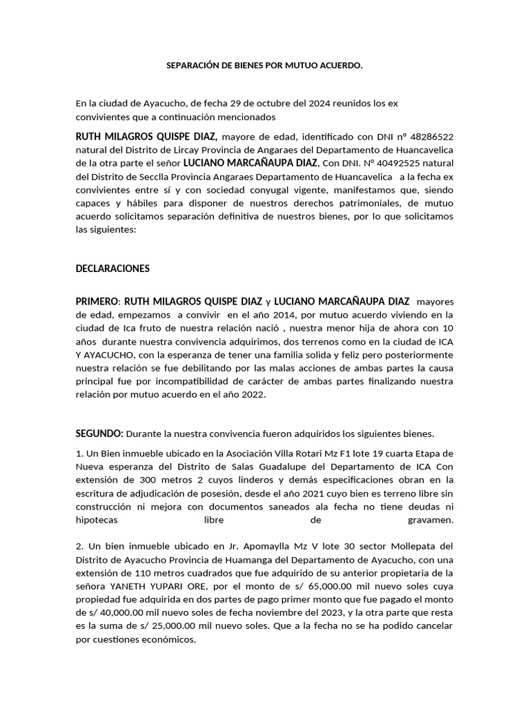 Separación de Bienes Por Mutuo Acuerdo | PDF | Derecho