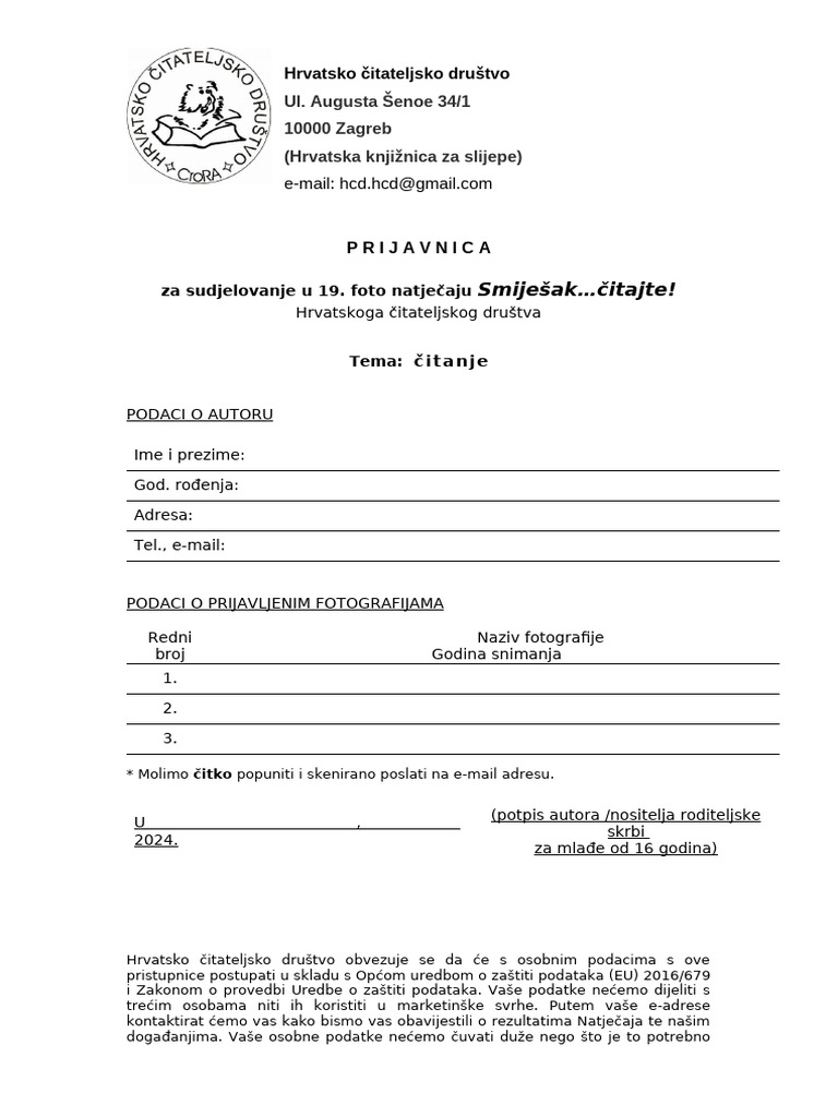 Foto Natječaj - Prijavnica | PDF
