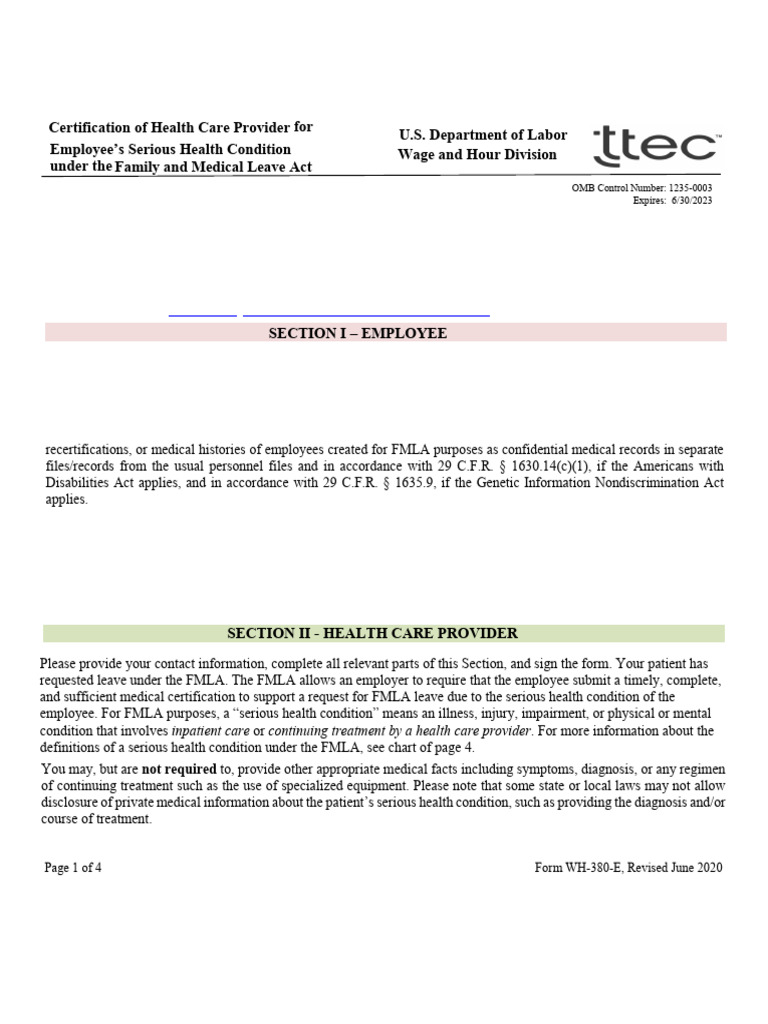 FMLA Medical Certification Form WH-380-E | PDF | Family And Medical ...