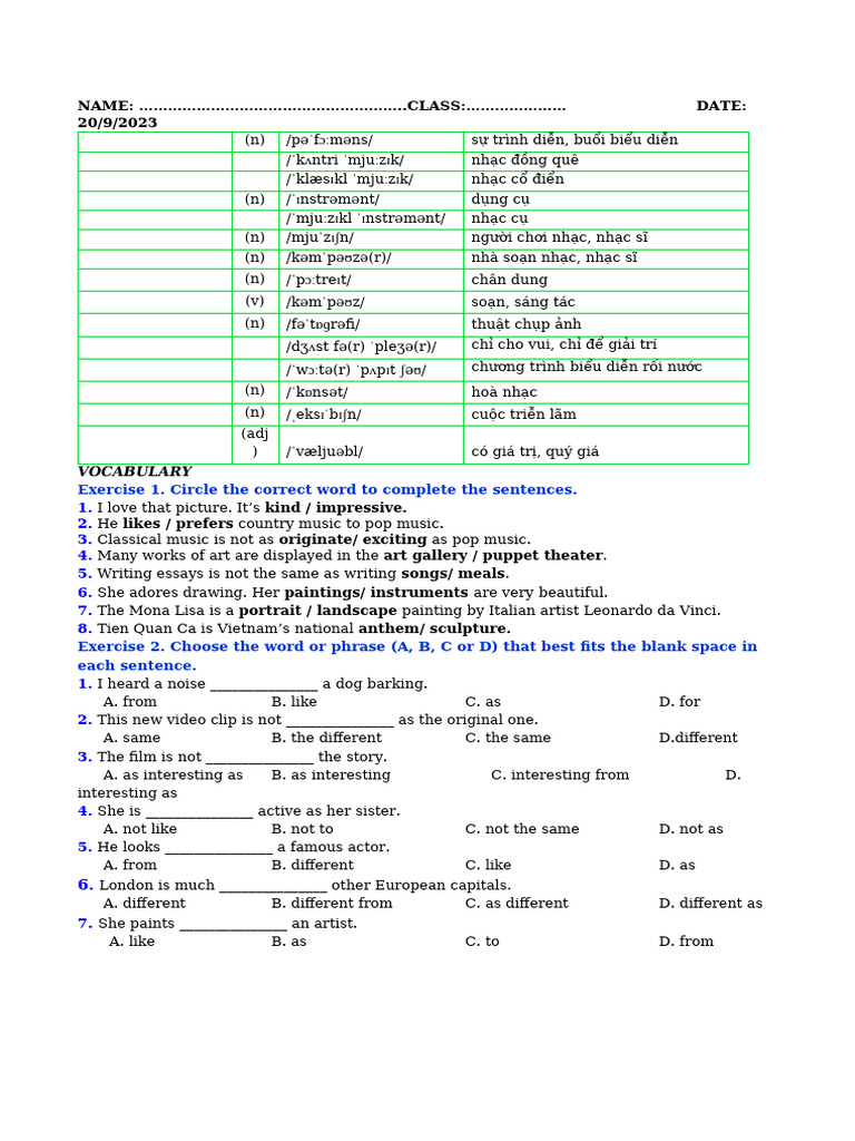 MINI TEST Lop 7.3 20.9 | PDF | The Arts