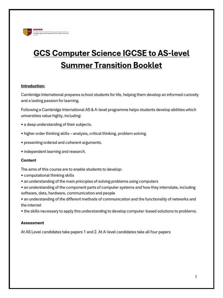 GCS Computer Science IGCSE To AS-level Summer Transition Booklet | PDF ...