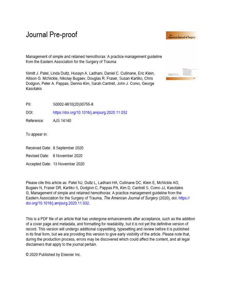 Hemothorax - Management of Simple and Retained (2020, AJSurgery) | PDF ...