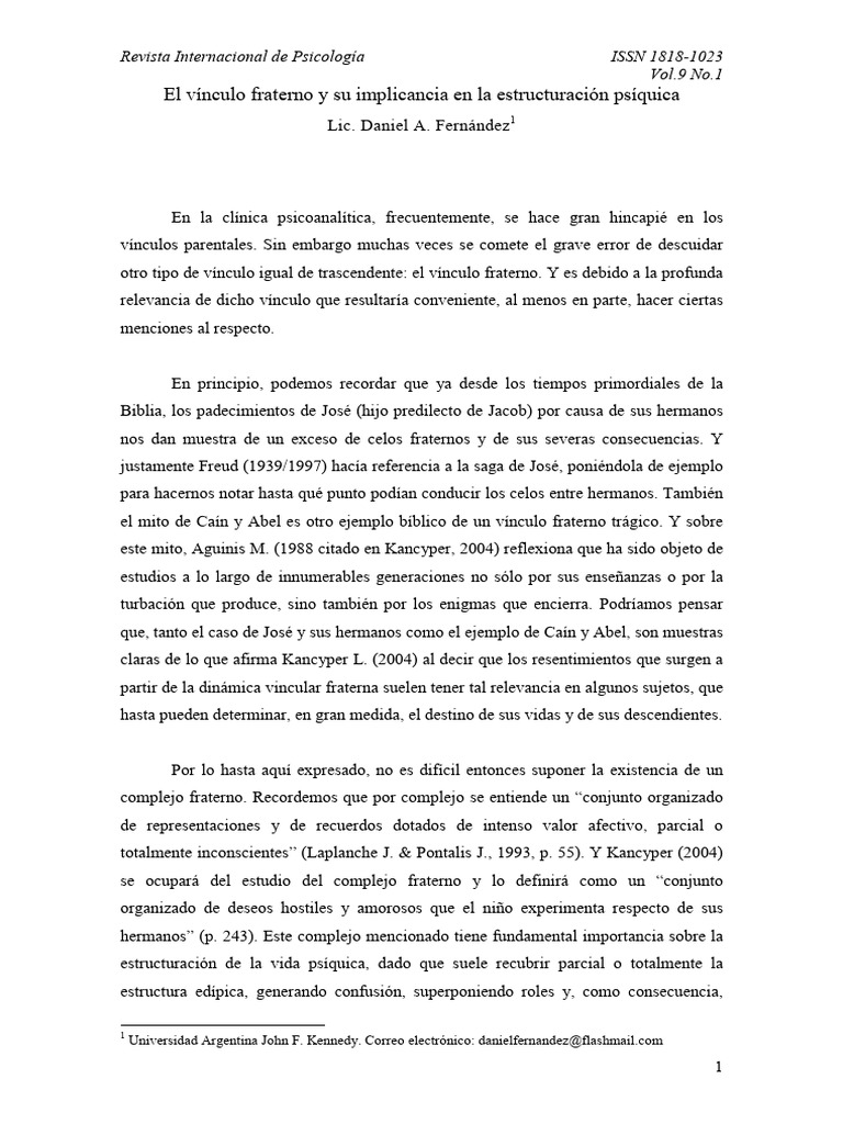 El Vinculo Fraterno y Su Implicancia en La Estructuracion Psiquica ...