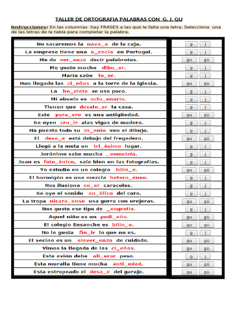 Taller - 11 - de Ortografia Palabras Con G, J | PDF