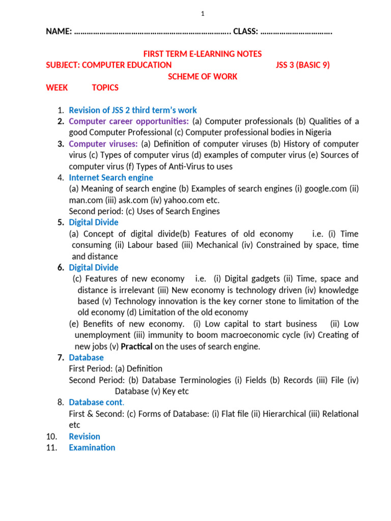 ICT JSS 3 1ST TERM | PDF | Computer Virus | Databases