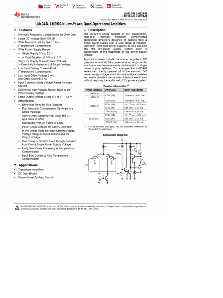 LMx24-N, LM2902-N Low-Power, Quad-Operational Amplifiers Datasheet (Rev ...