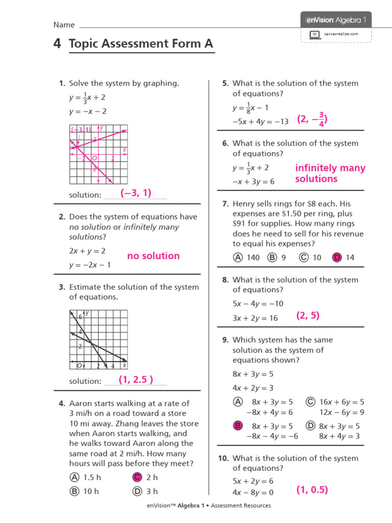 Topic 4 - Assessment Form A - Answer Key | PDF | Mathematical Relations ...