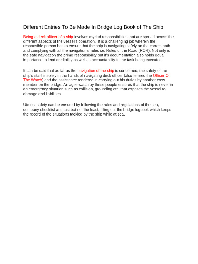 Different Entries To Be Made in Bridge Log Book of The Ship, Master's ...