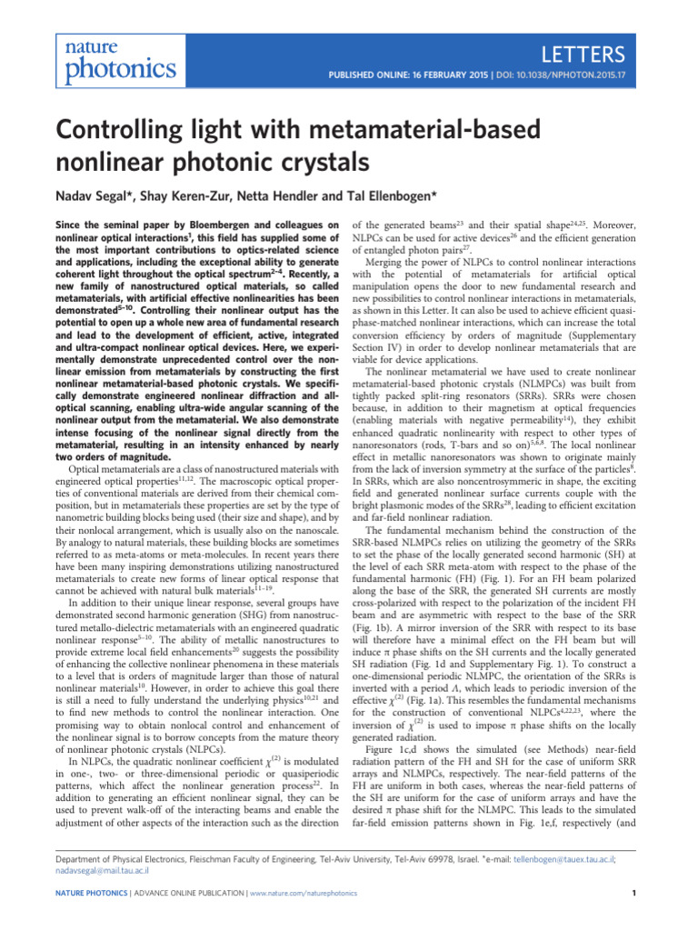 Controlling Light With Metamterial-Based Nonlinear Photonic Crystals by Nadav Et Al (2015) | PDF ...