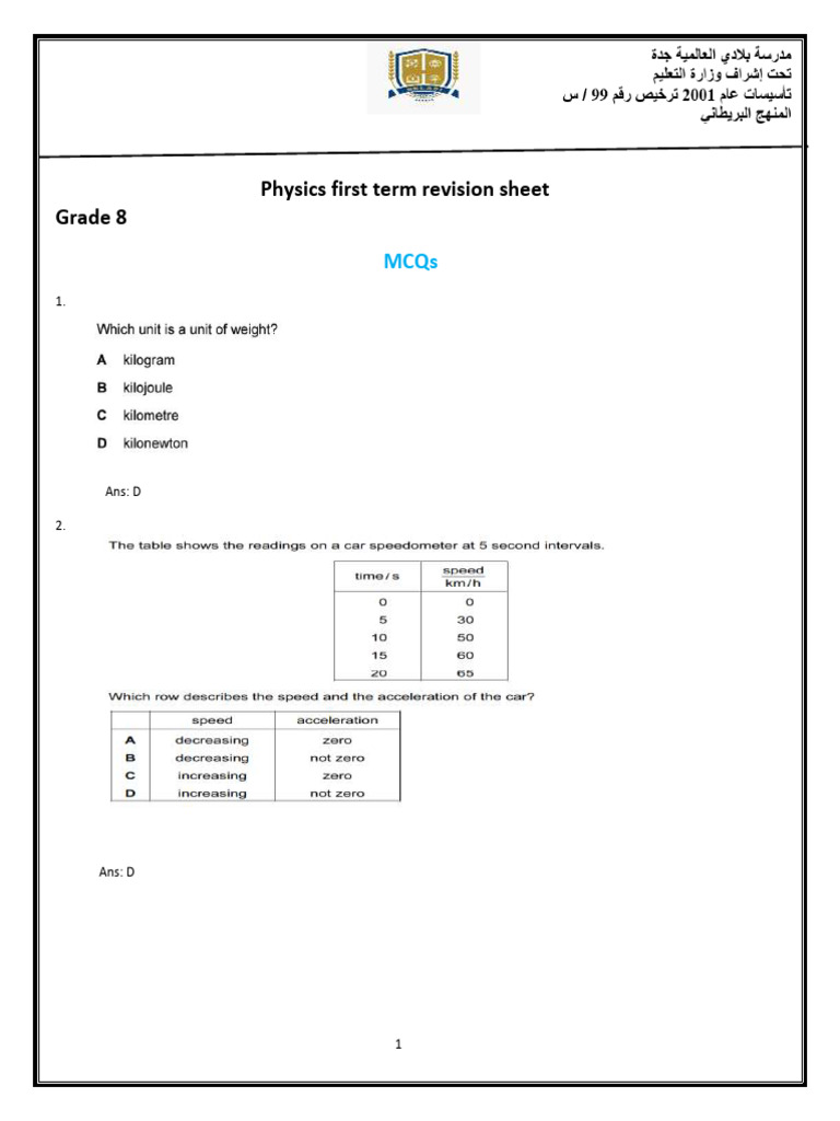 Grade 8 Physics Revision Sheet | PDF | Density | Acceleration