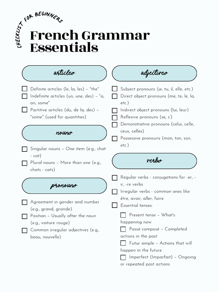 French Grammar Essentials Checklist For Beginners ? | PDF | Semantic ...