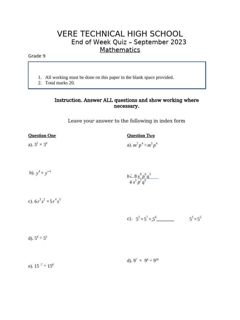 Grade 9 Quiz 1 September | PDF