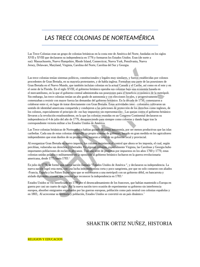 Las Trece Colonias de Norteamérica | PDF | Trece colonias