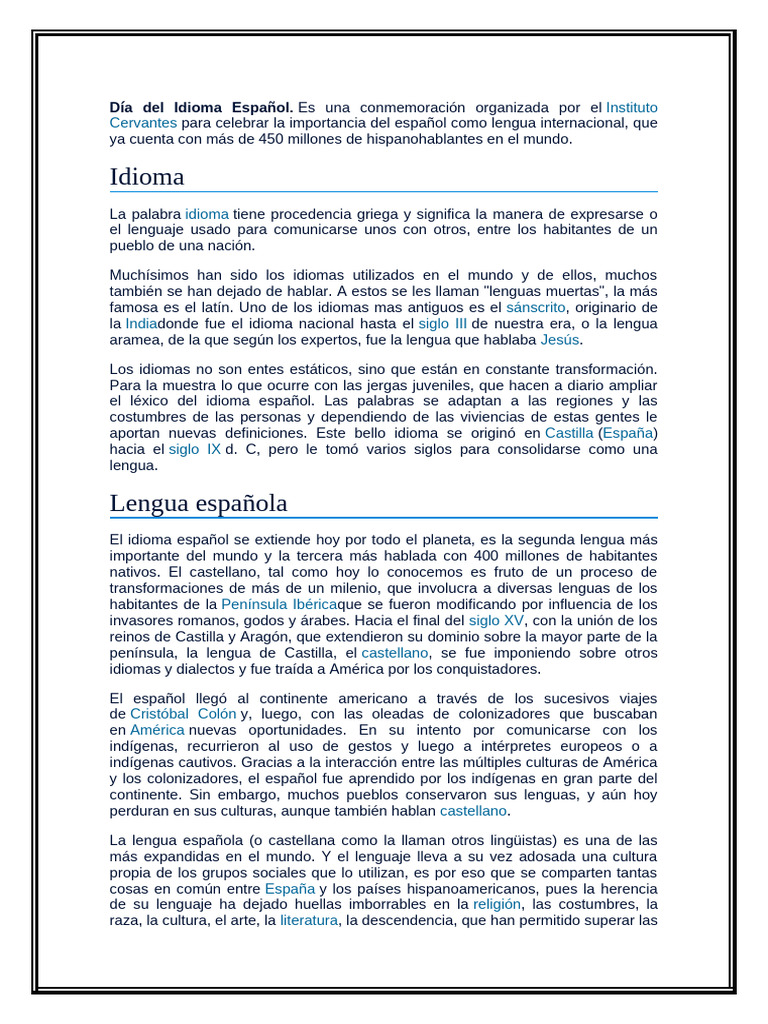Día del Idioma Español: Historia y Significado | PDF | Lengua española ...