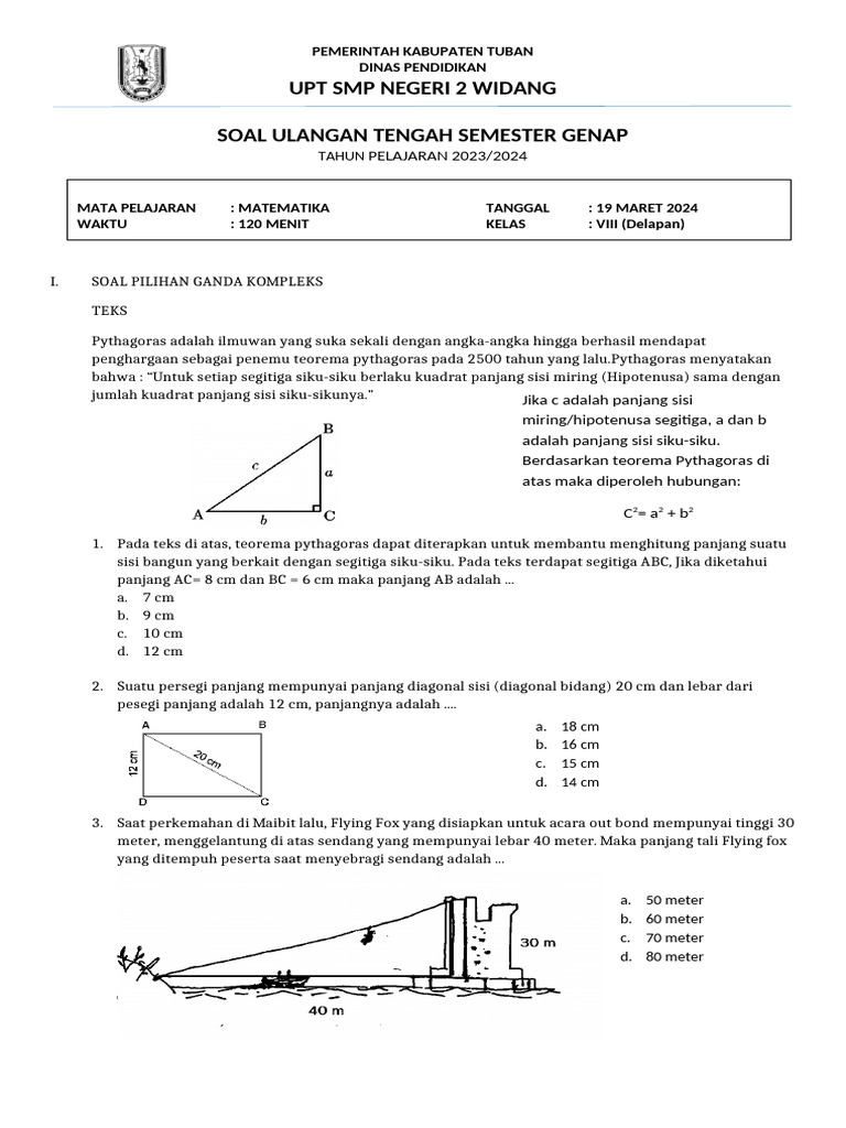 PTS 2024 Sem 2-SOAL MATEMATIKA KELAS 8 | PDF