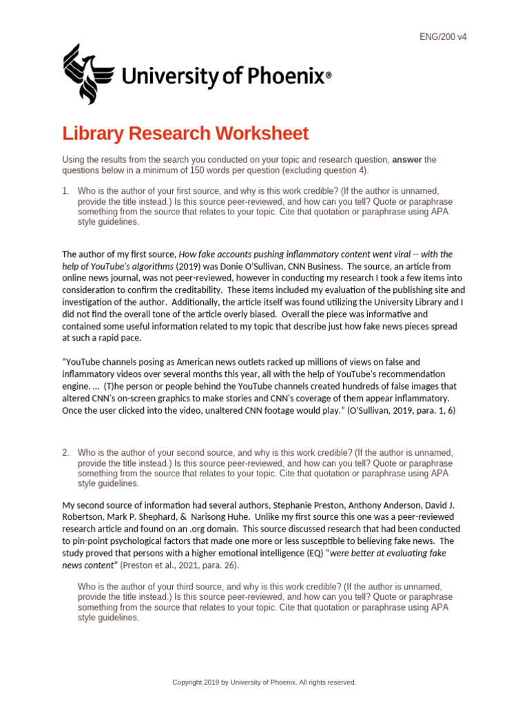 ENG200 Wk2 Library Research Worksheet | PDF | You Tube | World Wide Web