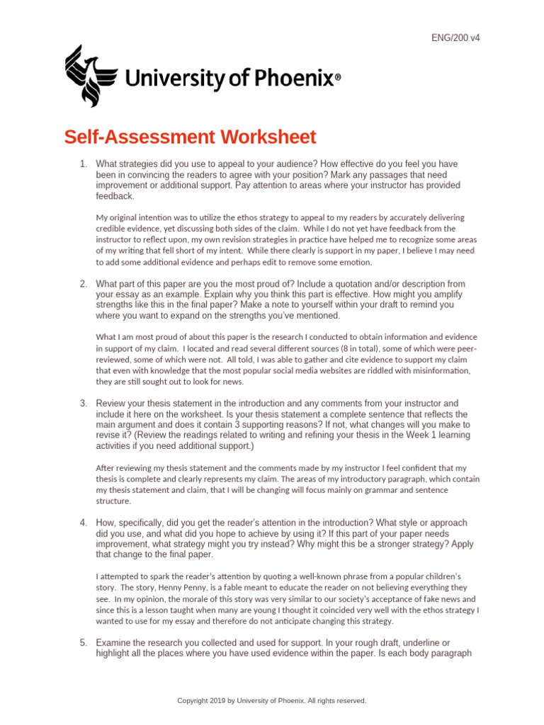 ENG200 Wk4 Self Assessment Worksheet | PDF | Science & Mathematics