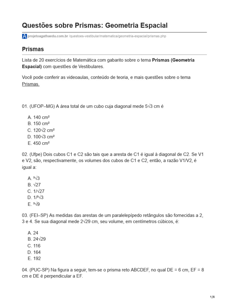 Questões Sobre Prismas Geometria Espacial | PDF | Triângulo
