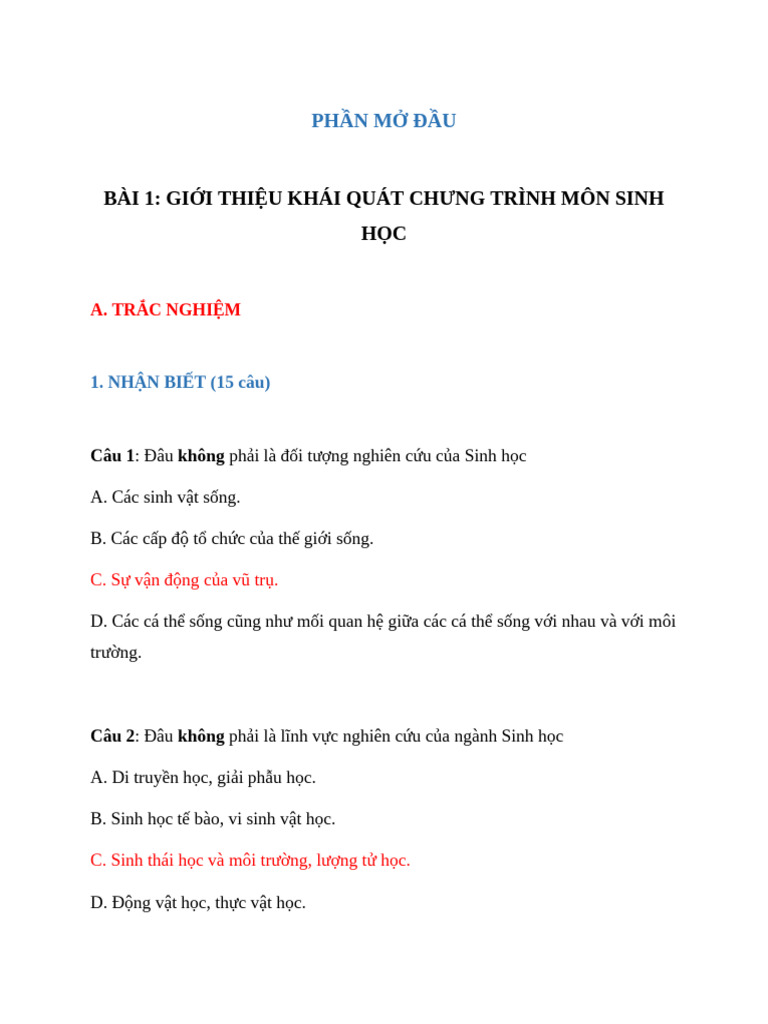 Bai 1 Gioi Thieu Khai Quat Chuong Trinh Mon Sinh Hoc Chan Troi Sang Tao | PDF