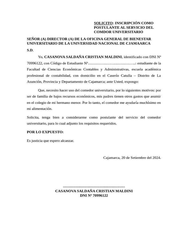 Solicitud Comedor Universitario | PDF