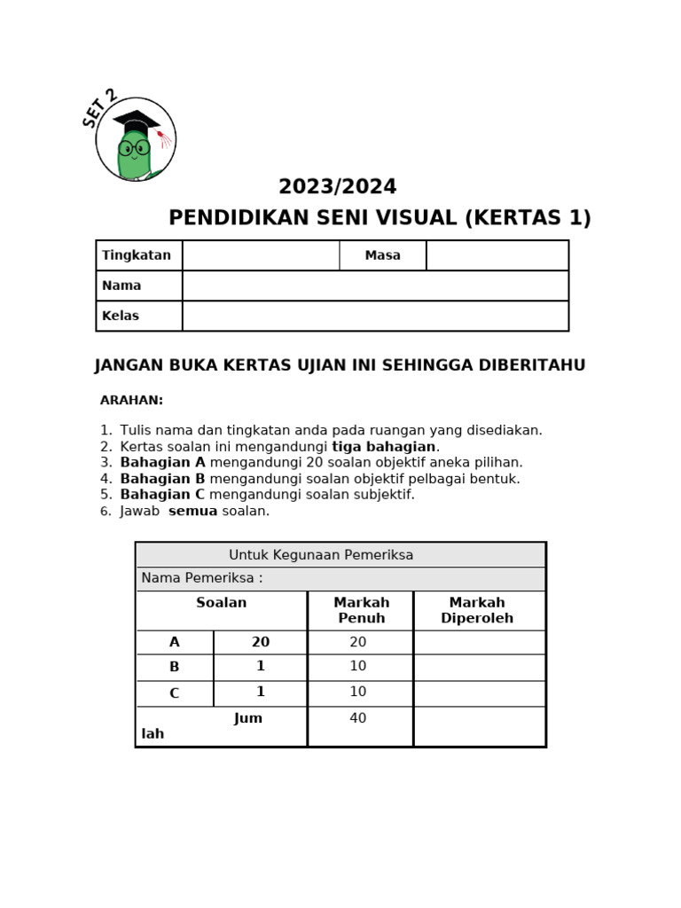 TP1934 2 Set Pentaksiran Akhir Tahun Pendidikan Seni Visual Tingkatan | PDF