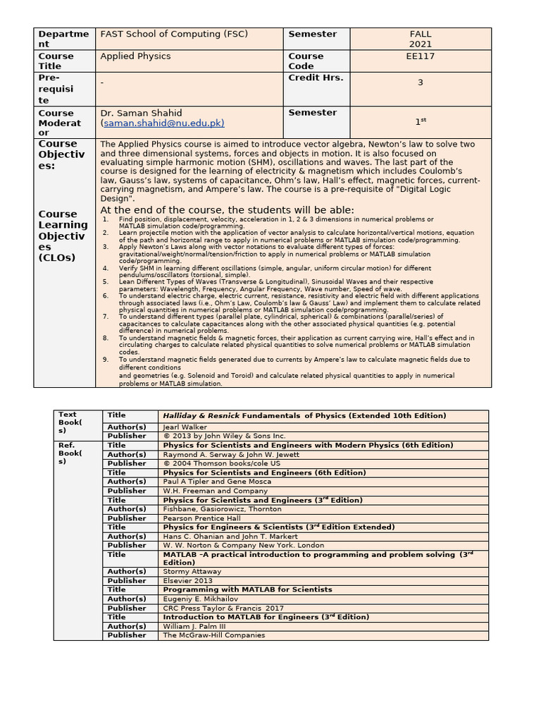 Applied Physics Course Overview EE117 | PDF | Force | Newton's Laws Of Motion