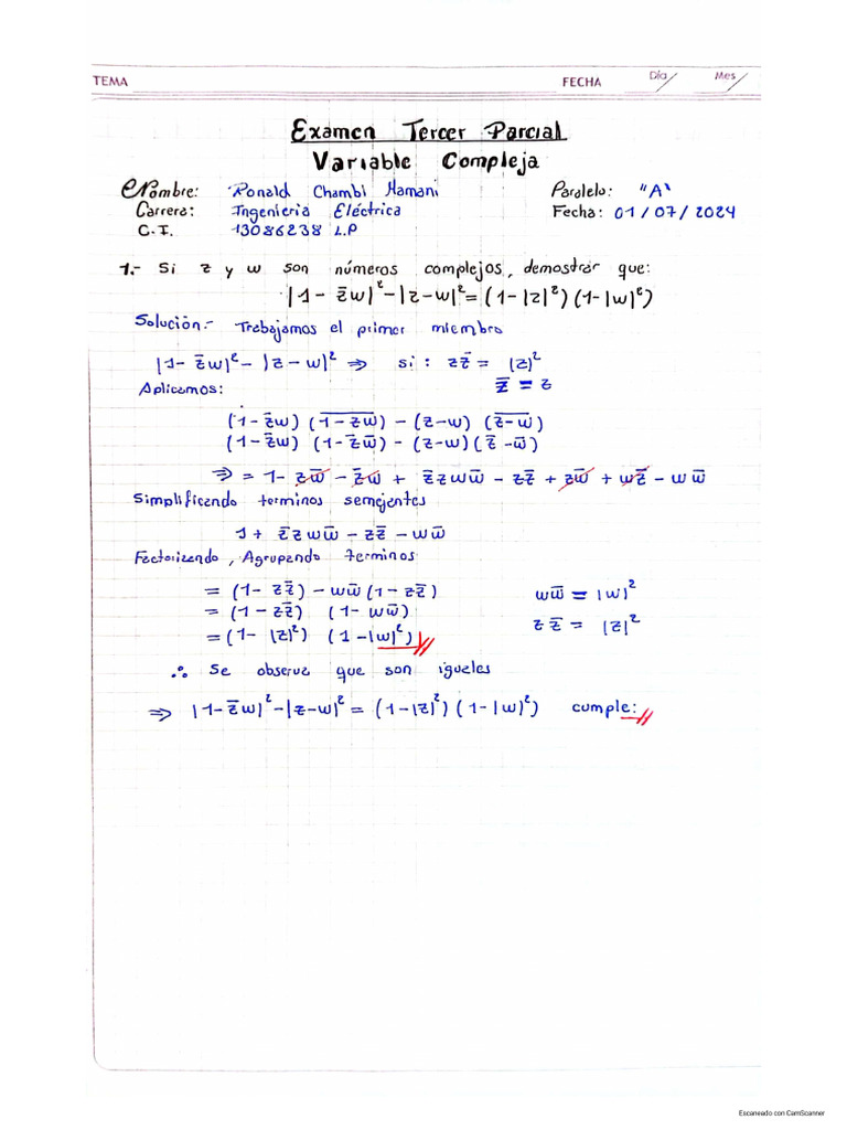 Examen Final - Variable Compleja - Ronald Chambi | PDF