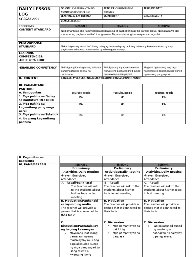 Daily Lesson Log for Filipino Grade 4 | PDF | Multiple Choice | Learning