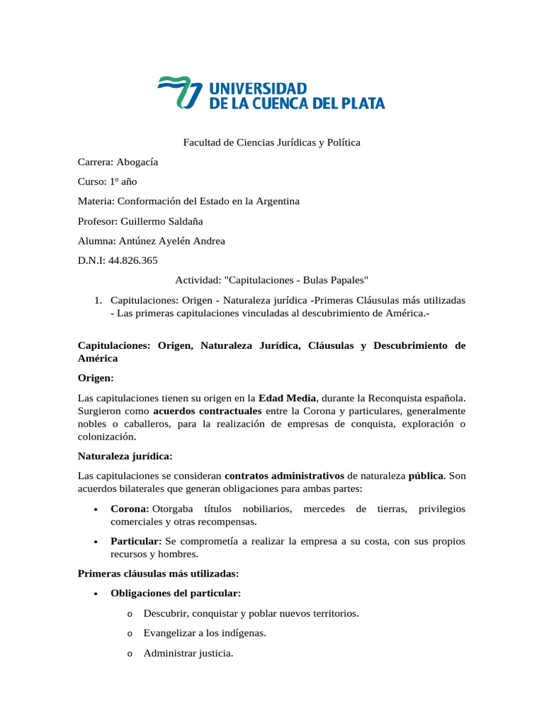 Capitulaciones - Bulas Papales 22-03-24 Ayelen Antunez | PDF