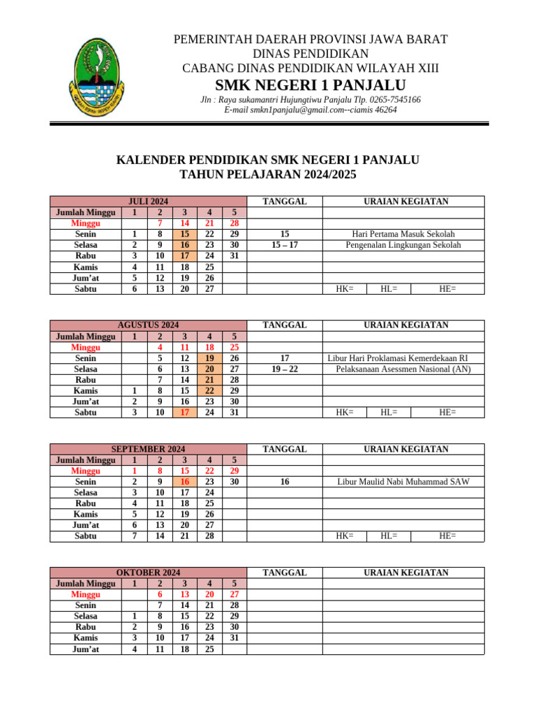 Kalender Pendidikan SMK Negeri 1 Panjalu TP 20242025 | PDF