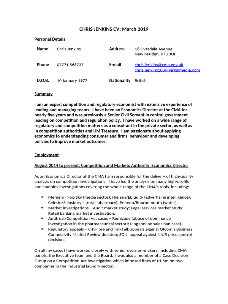 Chris Jenkins CV - Competition Economist | PDF | Economics | Competition