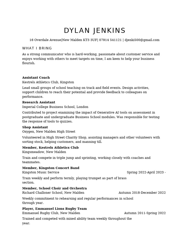 Dylan Jenkins CV - Nov 2023 | PDF