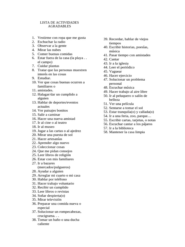 Lista Actividades Agradables | PDF | Artes del Lenguaje y Comunicación ...