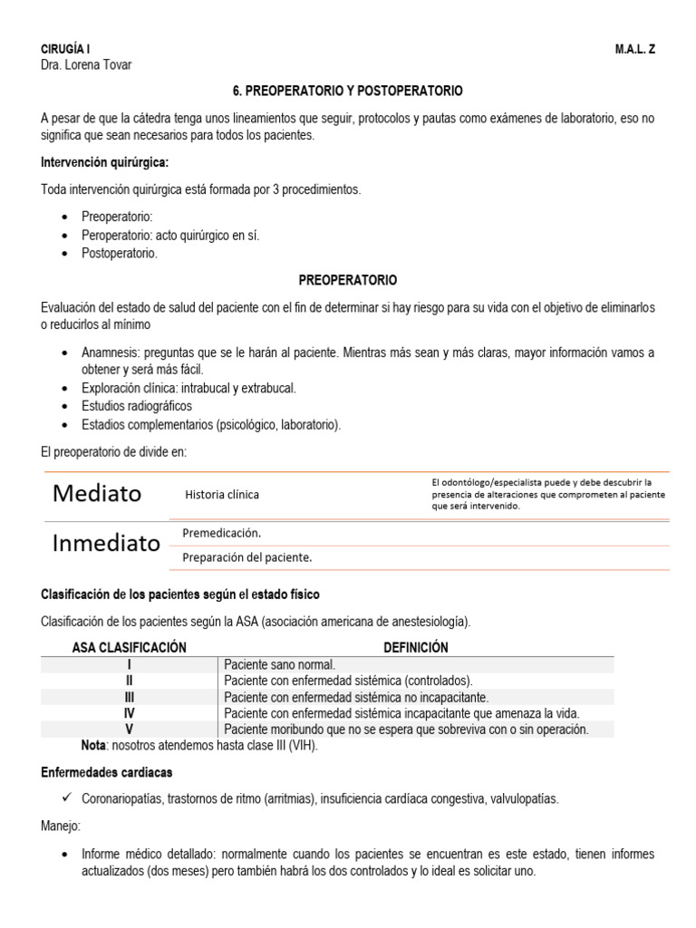 Etapas del Preoperatorio y Postoperatorio | PDF | Medicina | Enfermedades y trastornos