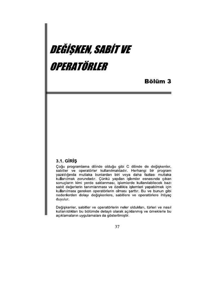 Bölüm 3 Değişkenler, Sabitler Ve Operatörler | PDF