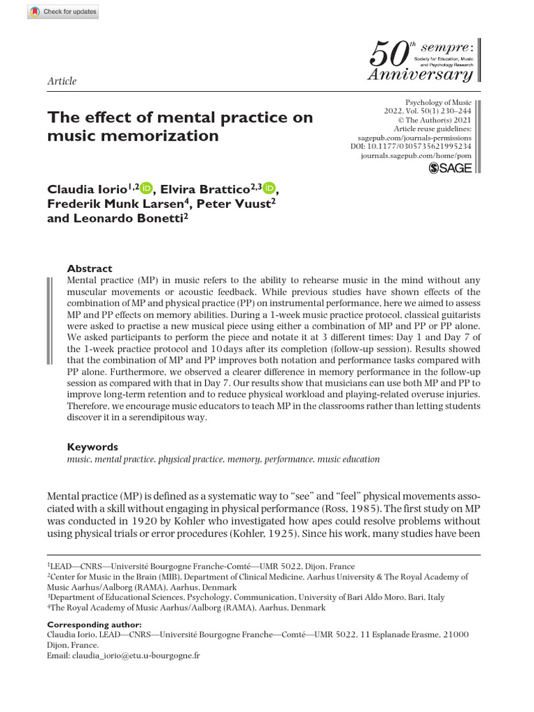 Iorio Et Al 2021 The Effect of Mental Practice On Music Memorization | PDF | Memory | Analysis ...
