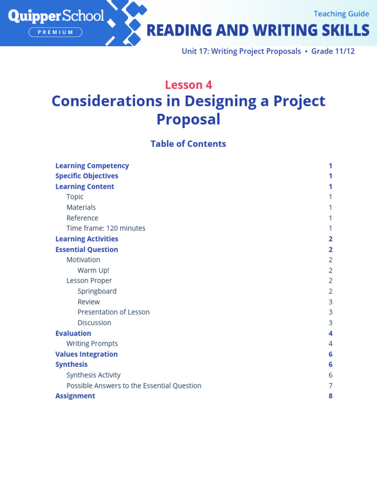 PDF (TG) - RW 11 - Unit 17 - Lesson 4 - Considerations in Designing A Project Proposal | PDF ...